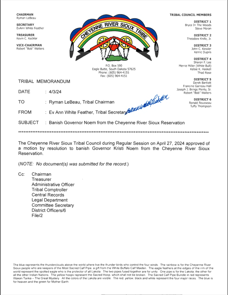 Cheyenne River Sioux Tribe Prohibits SD Governor from Reservation, Joining Oglala Sioux Tribe in ...